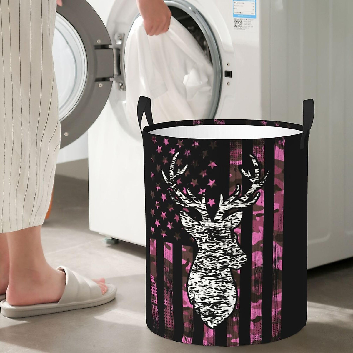 Laundry Hamper Compatible With American Flag Camo Funny Deer Hunting Pink Camouflage Freestanding Collapsible Large Laundry Basket, Boys Girls Clothes Toys Laundry Hamper Basket