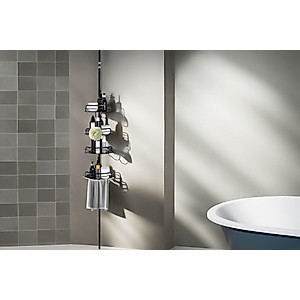 Everkeen Corner Shower Caddy Tension Pole, 4 Tier Bathroom Organizer and Shampoo Storage Shelves 48 to 115 inch Adjustable Floor Standing Bath Rack Holder with Sticky Hooks, Quick Installation