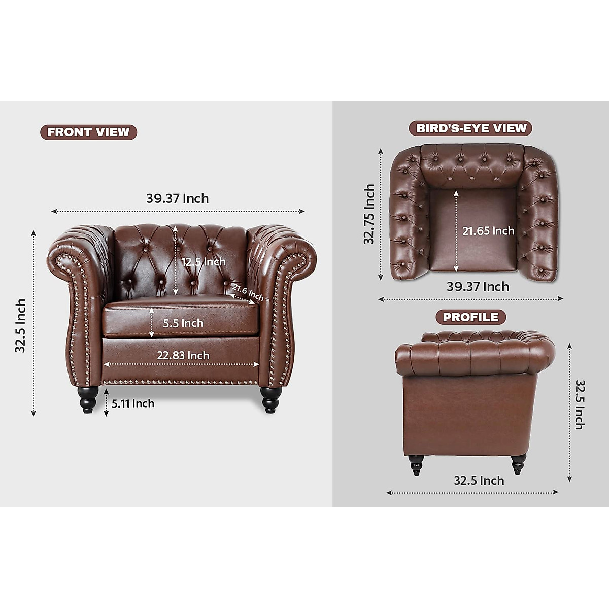 Vaztrlus Brown Leather Sectional Chesterfield Sofa Set, Luxury Couch for Living Room, Comfy Deep-Seat 3-Seater Couch and Chair Set for Bedroom, Office, or Apartment. Tool-Free 2-Piece Assembly.