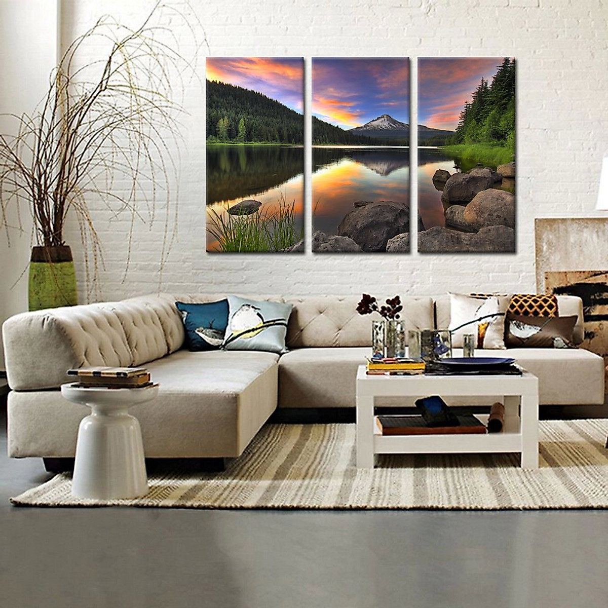 KREATIVE ARTS - 3 Panel Wall Art Mount Hood View from Trillium Lake Oregon USA Mountain Sunset Painting Print On Canvas Landscape Pictures For Home Decor Decoration Gift Piece