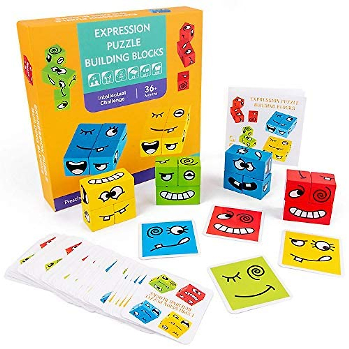 TACY Expressions Matching Wood Blocks Toy Making Emotion Game Challenge Cards for Children's Logical Thinking Intellectual Training Toys Parent-Child Board Game