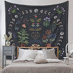 Senledas Botanical Moon Phase Tapestry, Moonlit Garden Wall Hanging Nature Floral Plant Tapestries Mysterious Tapestry Gift Art Home Bedroom Decor Living Room Wall Art Tapestry (51.2ʺ x 59.1ʺ)