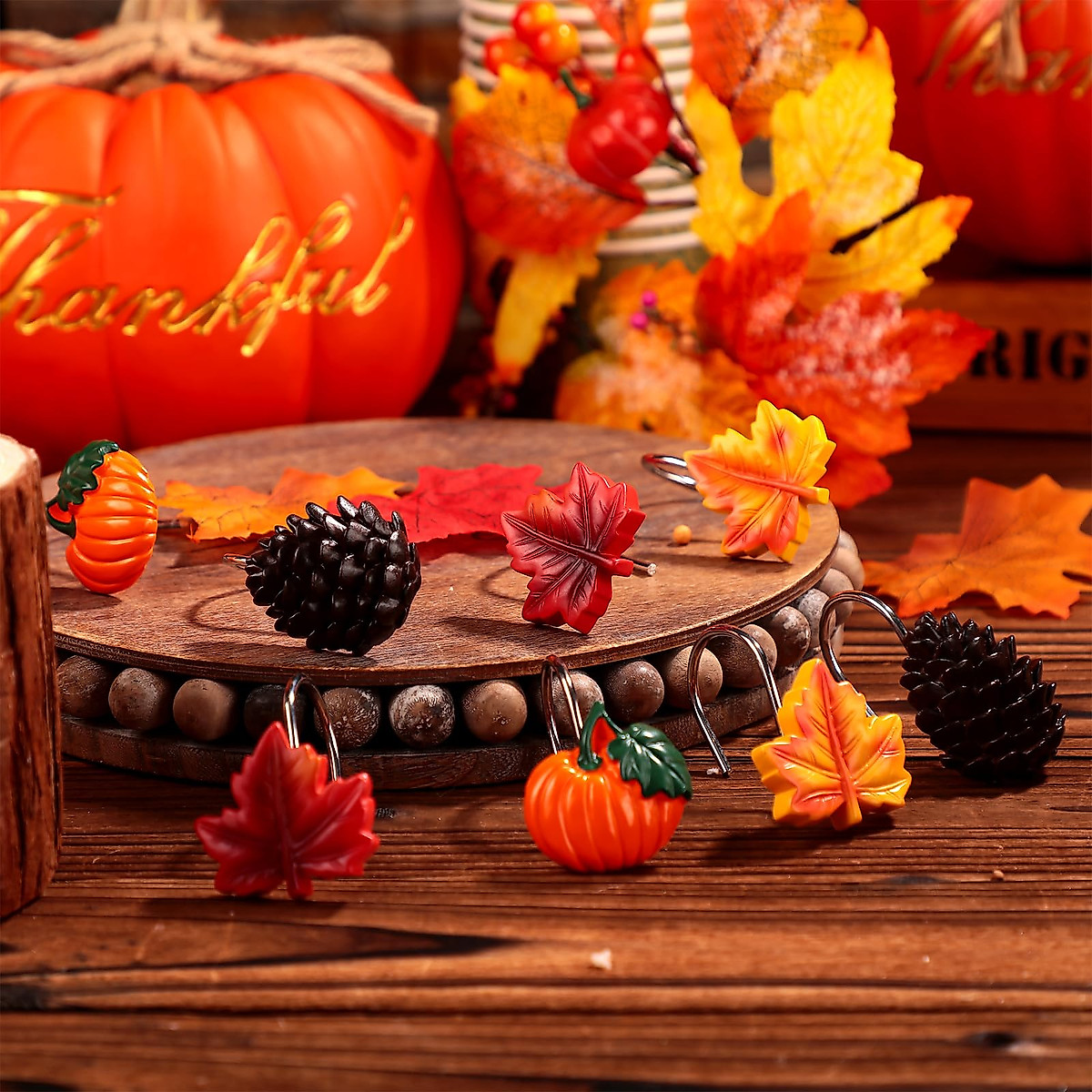 16 Pcs Thanksgiving Shower Curtain Hooks Maple Leaf Decorative Shower Curtain Hooks Farmhouse Autumn Fall Pumpkins Pinecone Metal Rustproof Shower Curtain Rings for Bathroom Bedroom Room