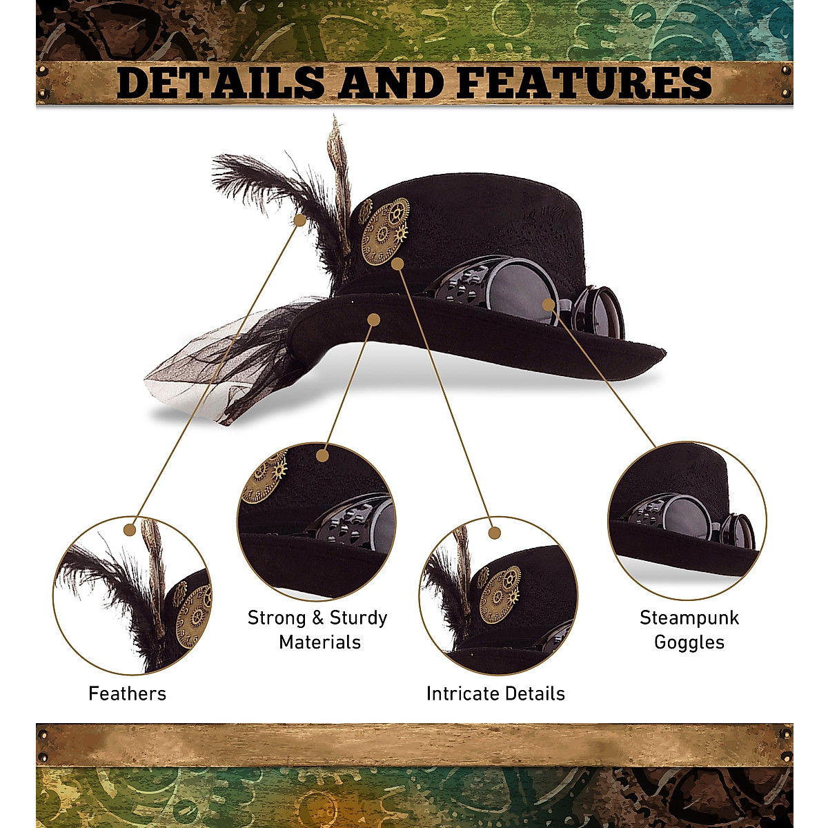 Attitude Studio Fedora Steampunk Hat with Goggles, Feathers, and Gears - Black
