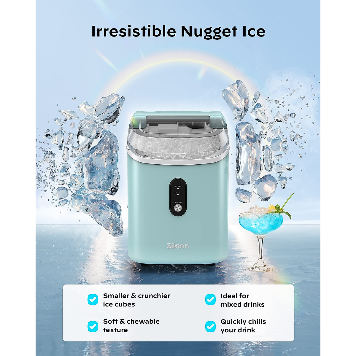 Nugget Ice Maker Countertop - Silonn Pebble Ice Maker Machine with Self-Cleaning Function, 33lbs/24H, Ice Makers for Home/Kitchen/Office, Green