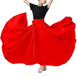 Girls Full Circle Skirt for Spanish Flamenco Dance Gypsy Mexico Performance Dancewear Red