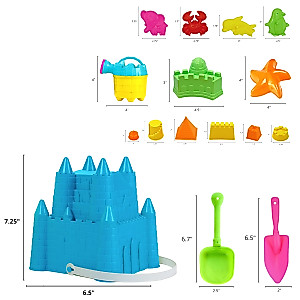 4E's Novelty Beach Toys for Kids with Bag (17 Pcs Set) Castle Beach Bucket with Shovels & Molds - Beach Toys for Kids 3-10, Sand Toys for Toddlers with Mesh Beach Bag Backpack