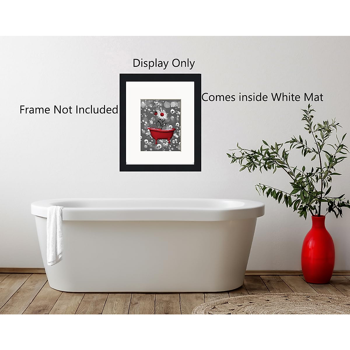 Red Bathroom Decor, Daisy Flowers Bubbles Tub 8x10 Print with 11x14 Mat Bath Red Wall Art Picture