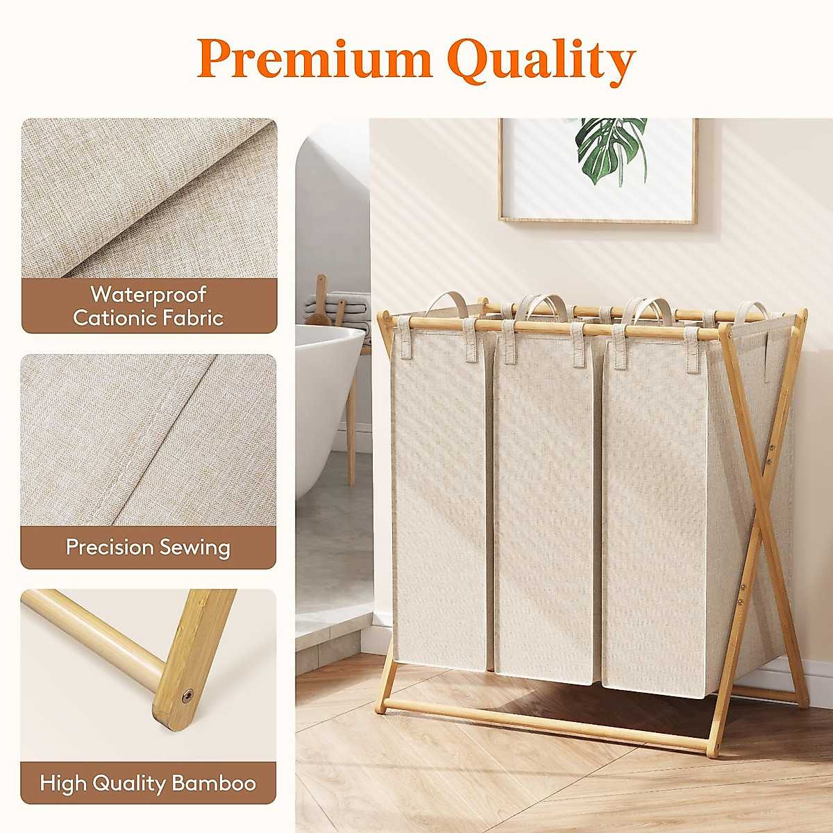 Lifewit 150L Large Laundry Hamper 3 Section, Collapsible Bamboo X-Frame Laundry Basket Sorter, Clothes Hamper with 3 Removable Bags for Laundry Room Bedroom Bathroom, Beige