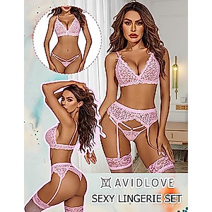 Avidlove Plus Size Lingerie Set for Women Sexy Lace Bralette Bra and Panty with Garter Belt Light Pink