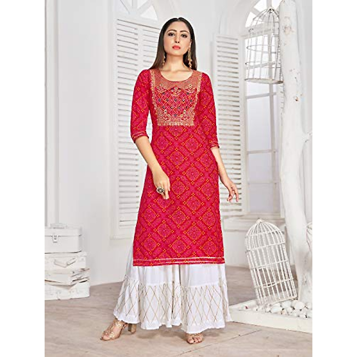 Indian Kurti for Womens With Palazzo/Pant | Rayon Embroidered Kurta Partywear Kurtis Dress For Women Tops Tunic