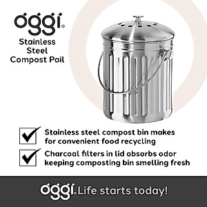 Oggi Countertop Compost Bin with Lid-1 Gallon Indoor Compost Bin Charcoal Filter, Stainless Steel Compost Container, Ideal Kitchen Compost Pail, Eco Friendly Products, (7320)