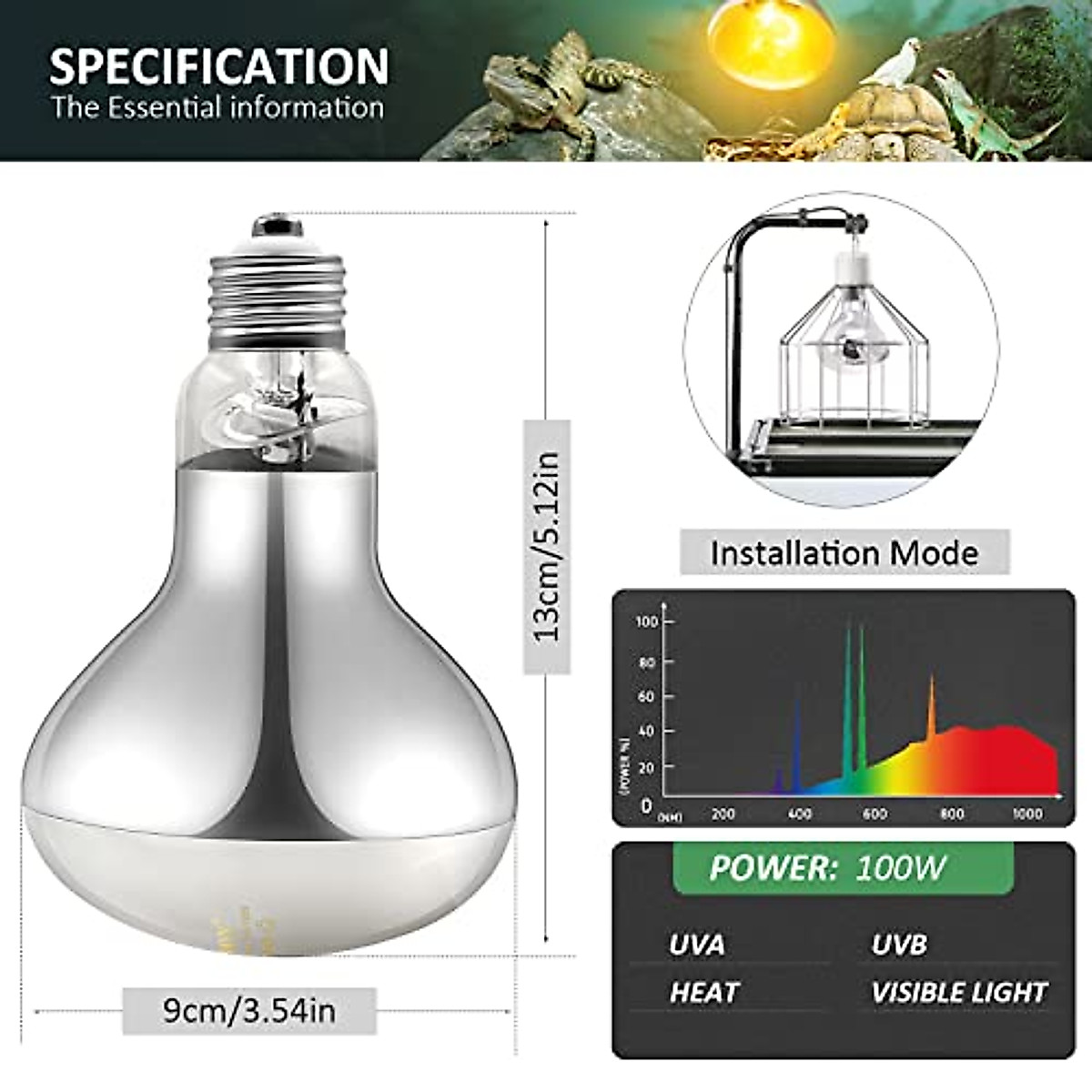 MIXJOY 100W Reptile Heat Lamp Bulb Full Spectrum UVA UVB Sun Light for Reptile and Amphibian Use