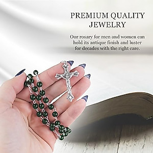 TrueFaithJewelry 6mm Round Crystal Glass Holy Rosary Prayer Beads Necklace with Jesus Crucifix Cross and Our Lady Of Grace Miraculous Virgin Mary, for Women and Men, 17.5-Inch, Green/Silver