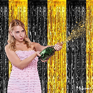 4 Pack 3.2Ft x 6.6Ft Black and Gold Fringe Curtain Backdrop, Metallic Tinsel Foil Fringe Streamers Curtains Background for Photo Booth Birthday Wedding Graduation Carnival Party Decorations
