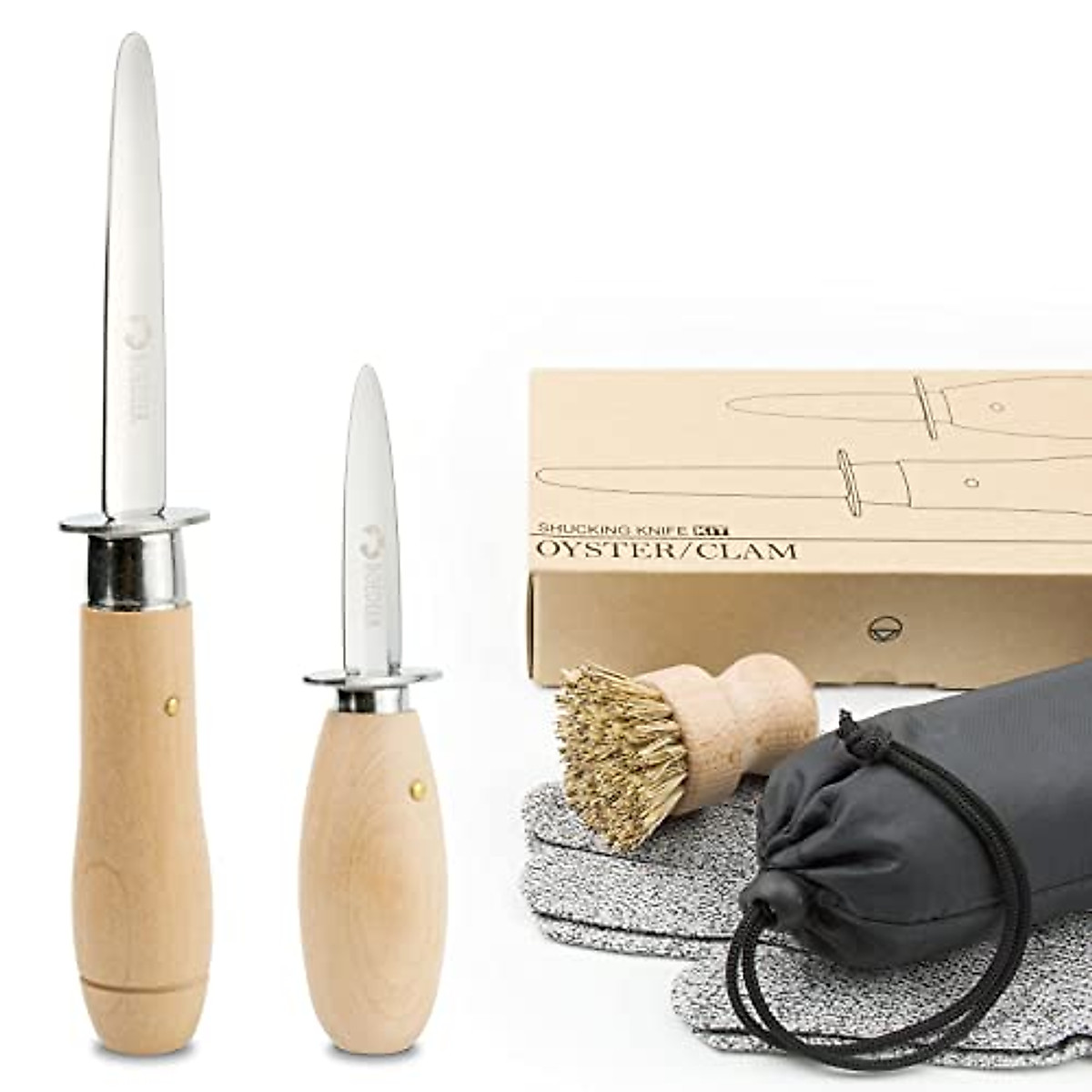 ROEDEER Oyster/Clam Knife Shucker Set,Oyster Shucking Knifes(3.7"+2.4") and Cut Resistant Level 5 Gloves,Perfect Seafood Opener Tools Kit(2knifes+1Glove+1Brush)