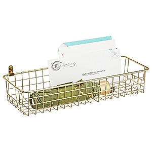 mDesign Wallmount Metal Storage Basket Tray with Handles - Decorative Organizer for Hanging in Entryway, Mudroom, Bedroom, Bathroom, Laundry Room - Small - Hooks Included - Soft Brass