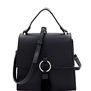 Tassel Top-Handle Structured Vegan Leather Medium Satchel Shoulder Bag Crossbody
