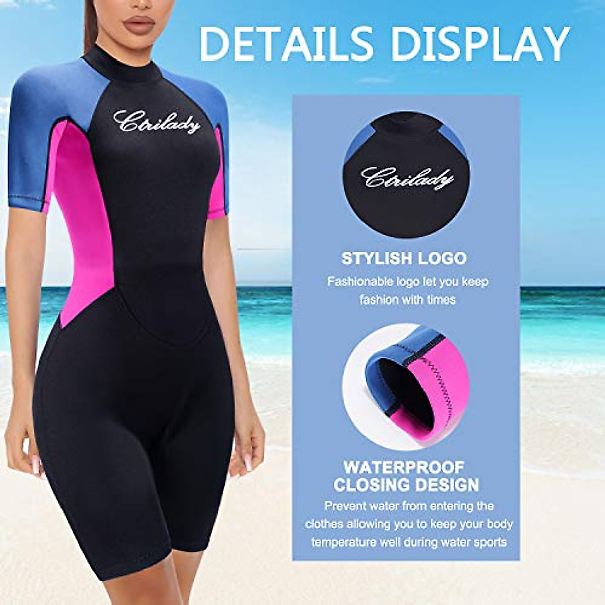 CtriLady Wetsuit Shorty Wetsuit for Women 1.5mm Neoprene Short Sleeve Diving Suits with Back Zipper UV Protection Full Body Swimwear for Swimming Diving Surfing Kayaking Snorkeling (Black, XX-Large)