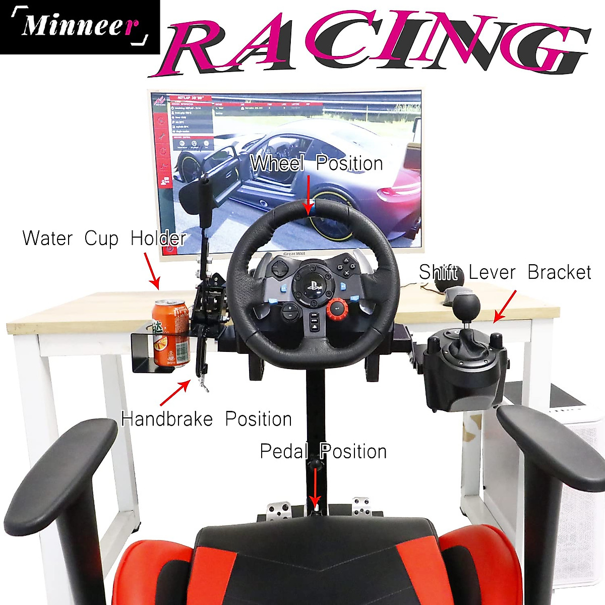 Minneer Wheel Cockpit PRO Steering Racing Wheel Stand Compatible with Lgitech G25, G27, G29, G920 Folding Gaming Compact Race Sim Cockpit, Wheel and Pedals NOT Included.