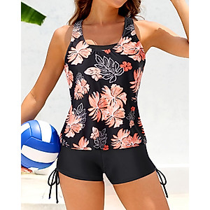 Yonique 3 Piece Womens Tankini Swimsuits with Shorts Athletic Bathing Suits Tank Tops with Bra and Boyshorts Black Floral XL