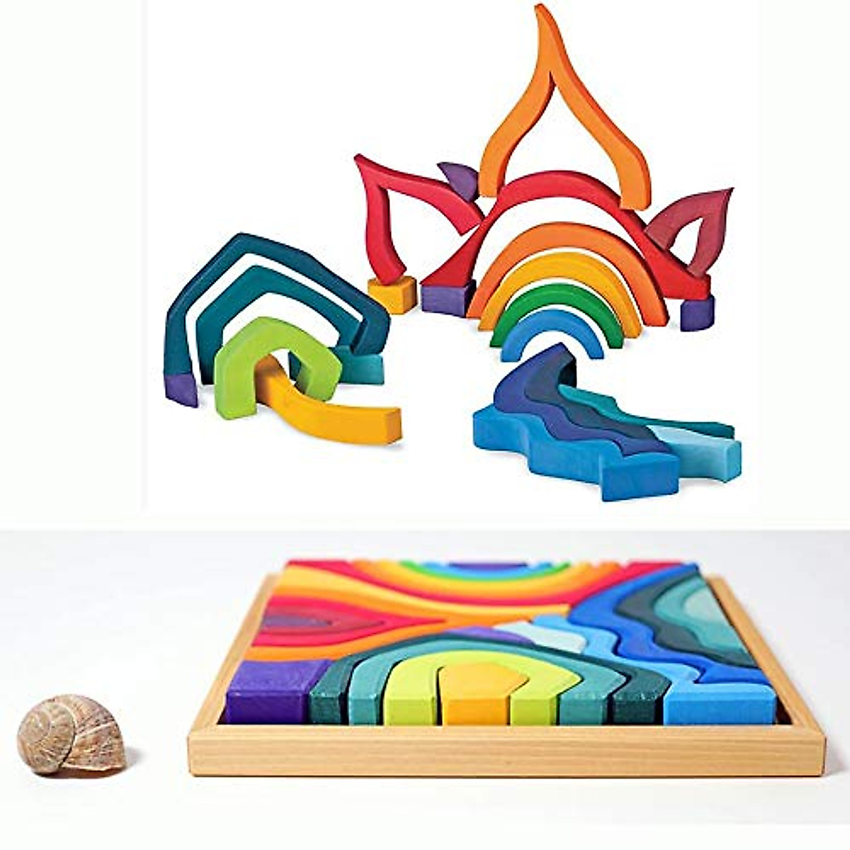 moderngenic 'Four Elements' Rainbow X-Large Rainbow Blocks, Wooden Toys for Kids, Geometric Building Puzzle, Volcano/House Educational Set