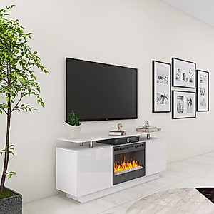 GLITZS 160CM High Gloss TV Cabinet tv Unit with Fireplace,Have Heat and Flame Color Changes