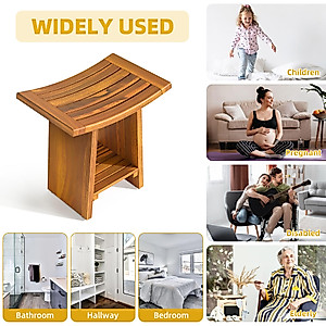 DWVO Teak Shower Bench with Storage Shelf for Shaving Legs Foot Rest, 18'' Solid Wood Shower Stool Bath Wooden Seating Bench for Shower with Non-Slip Feet, Easy Assembly for Indoor and Outdoor Use