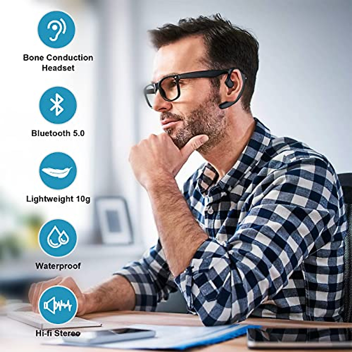 Bluetooth Headset Bone Conduction Headphones Cell Phones Earpiece Wireless Bluetooth Headphones Open Ear With Microphone Stereo Sport Workout Earphones for iPhone Android for Running Driving, Black