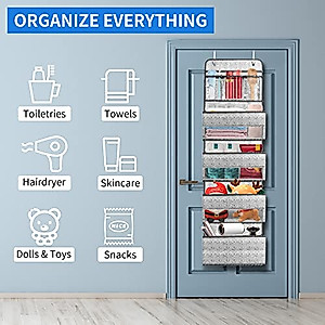 WTY Over The Door Organizer,5-Shelf Over Door Hanging Organizer with 4 Large Pocket,3 PVC Pockets and 2 Metal Hooks, Foldable Wall Mount Fabric Storage for Pantry Nursery Bathroom Closet 50x16x5 inch