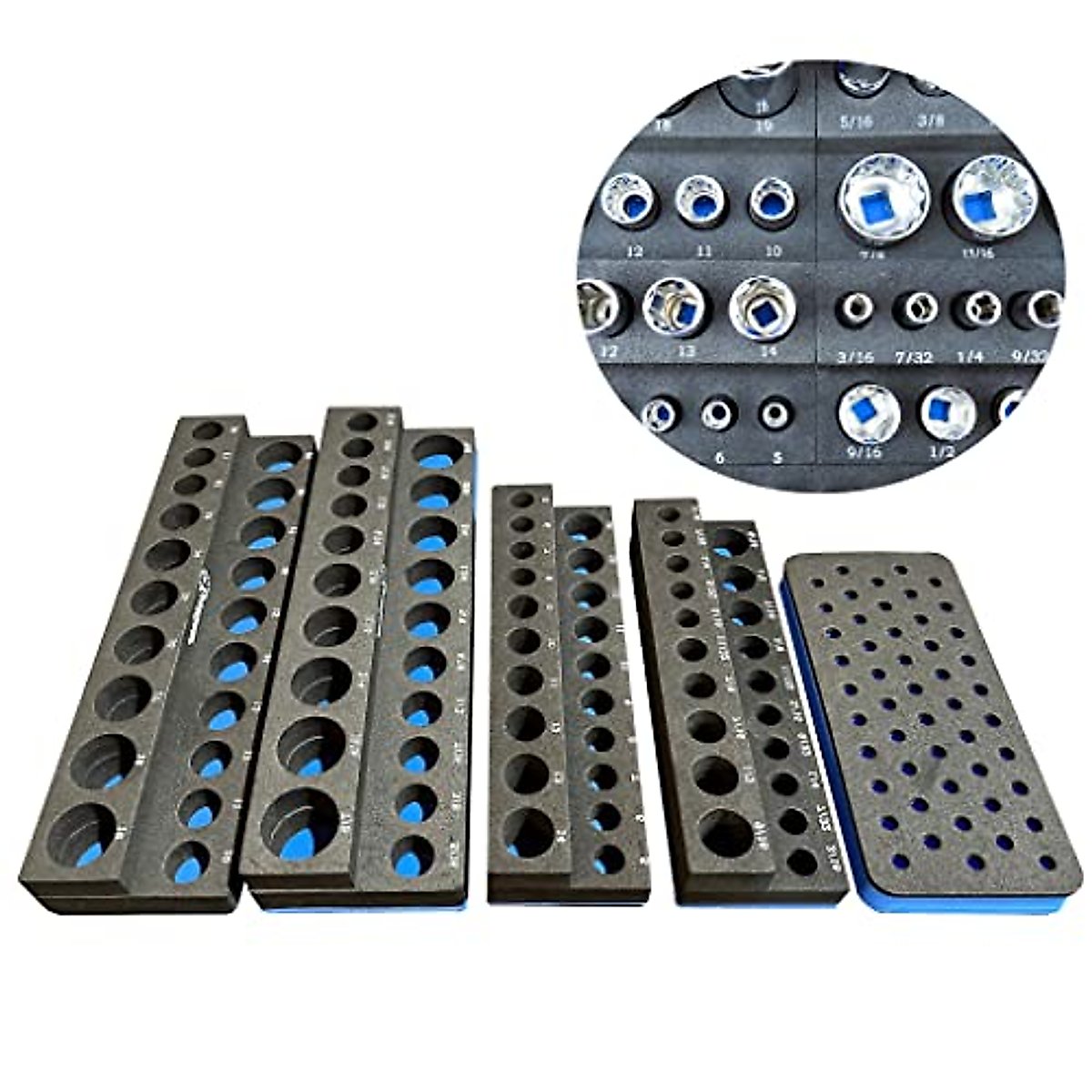 ToolGear Socket Organizer, Easy to Read Size labels, 80 sockets w/added 50 hex bit holder, both deep & standard sockets, metric & standard, 3/8 and 1/4 inch drive socket holder, tool organizer trays