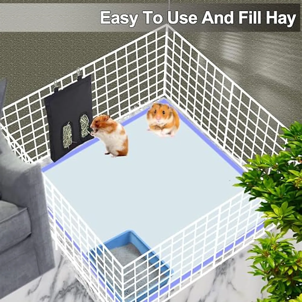 Lemcrvas Hay Feeder Bag, 2Pcs - 600D Oxford Cloth, 11x9.4in, 2 Holes, for Rabbit, Guinea Pig, Hamster, Chinchilla, Holds Large Hay, Reduces Mess, Easy to Use