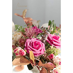 Floroom Artificial Flowers 50pcs Real Looking Hot Pink Foam Fake Roses with Stems for DIY Wedding Bouquets Baby Shower Centerpieces Floral Arrangements Party Tables Home Decorations