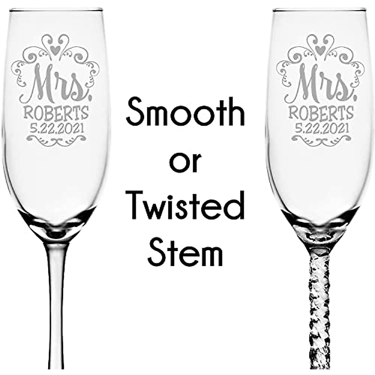 Mr Mrs Wedding Reception Celebration Twisty Stem Champagne Glasses Set of 2 Couples Newlywed Married Groom Bride Husband Wife Anniversary Engraved CLEAR Flute Glass Favors (Personalized)