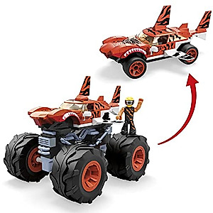 MEGA Hot Wheels Monster Trucks Building Toy Playset, Tiger Shark with 187 Pieces, 1 Micro Action Figure Driver, Orange and Black, Kids Age 5+ Years