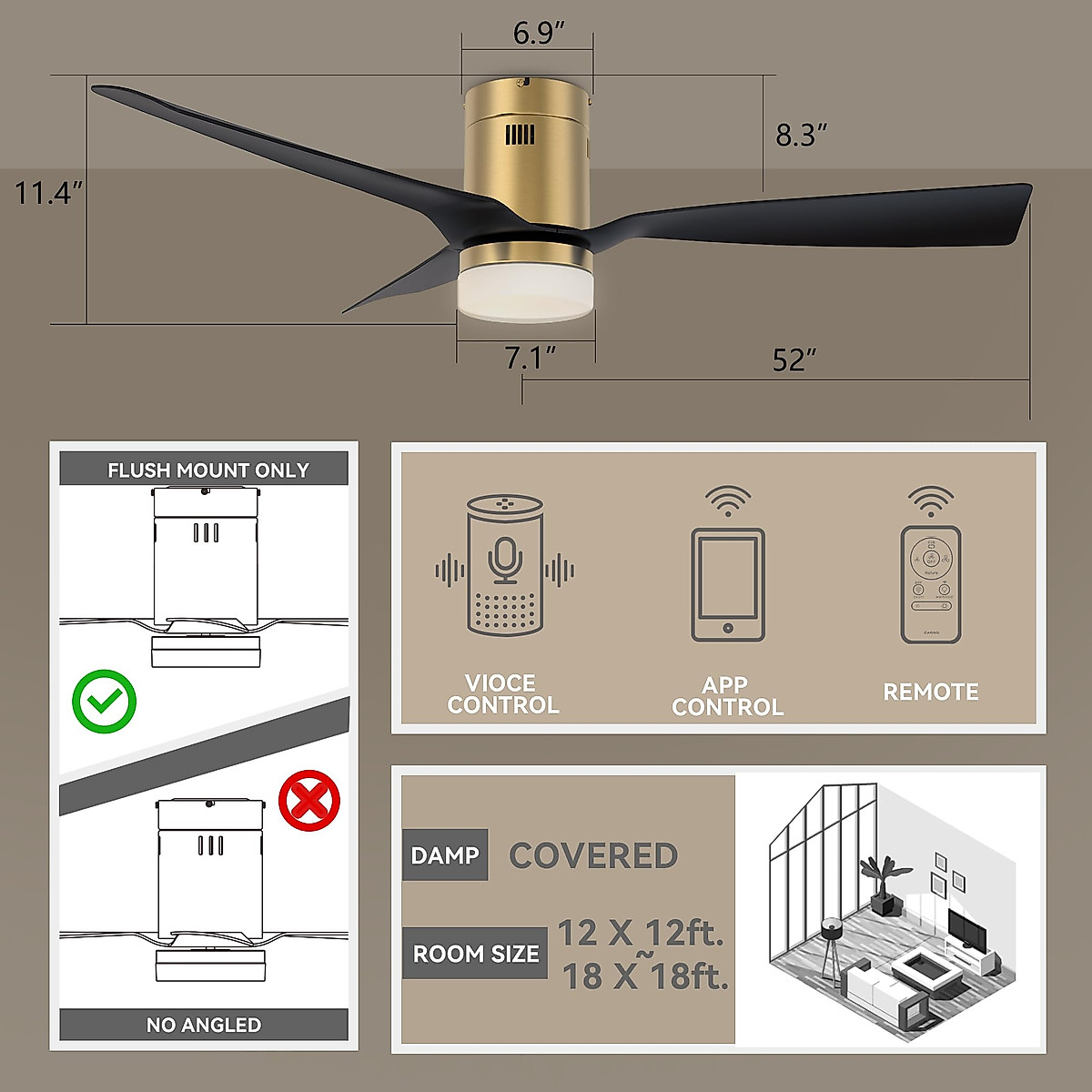 SMAAIR 52 Inch Smart Ceiling Fan with Lights and 10-speed DC Motor, Works with Remote Control/Alexa/Google Home/Siri, Dimmable LED Light (52 Inch, Black/Gold)