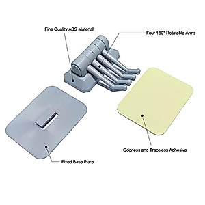 Fineget Wall Hooks for Hanging Towel Adhesive Bathroom Kitchen Hooks 4 Rotatable Arms Rectangle Sticky Hooks Grey 2 Pairs