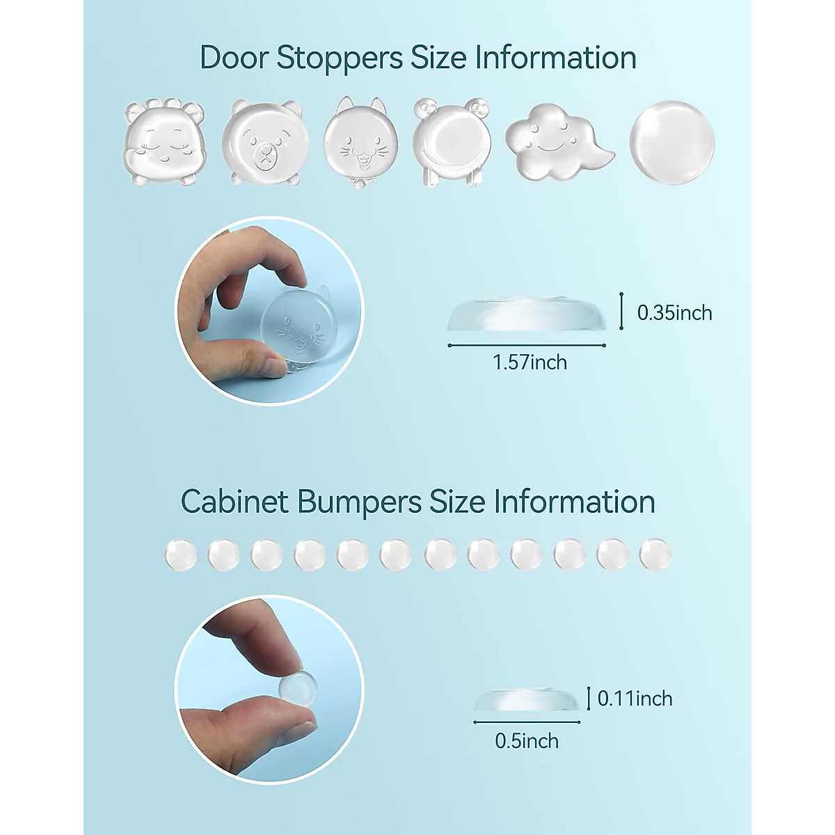 Door Stoppers Wall Protectors, 6pcs 1.57" + 12pcs 1/2" LEOADE Door Knob Stops Cabinet Handle Rubber Bumpers with Self Adhesive Quick Shock Absorbent, Refrigerator Furniture Silicone Silencer -Clear