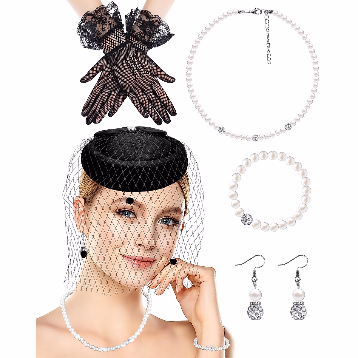 Pillbox Hat with Veil Vintage Fascinators Hats Set 20s 50s Pearl Top Hat for Women Cocktail Tea Party Wedding