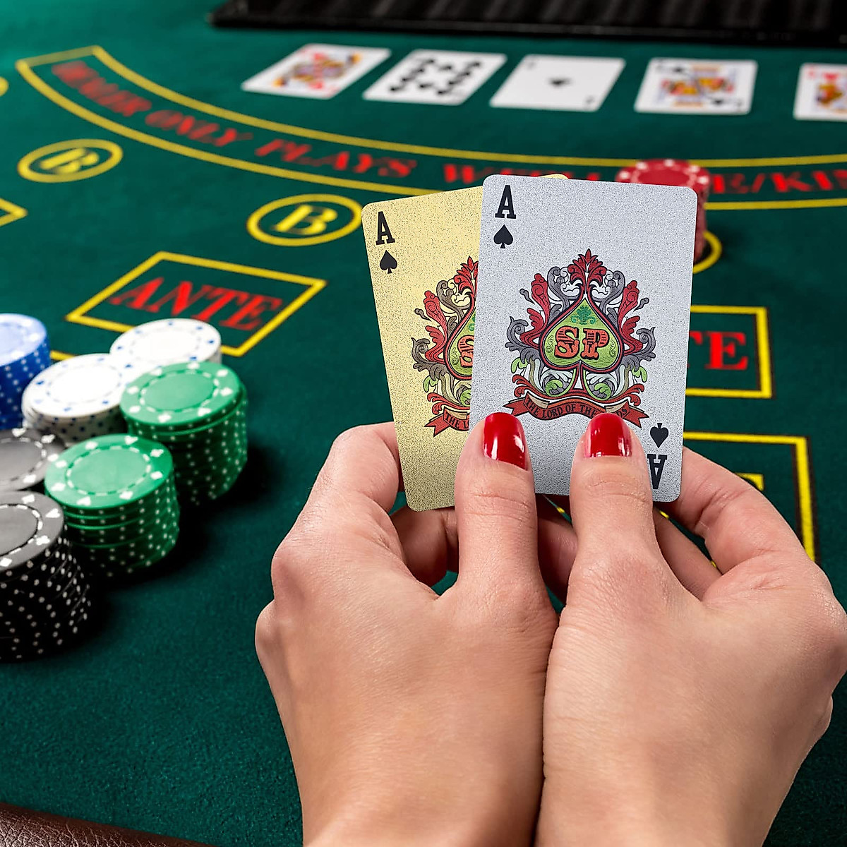 Joyoldelf 2 Decks of Playing Cards, 24K Foil Waterproof Playing Cards & Flexible Poker Cards with Box - Classic Magic Tricks Tool for Party, Game and Cardistry, 1 Gold + 1 Silver