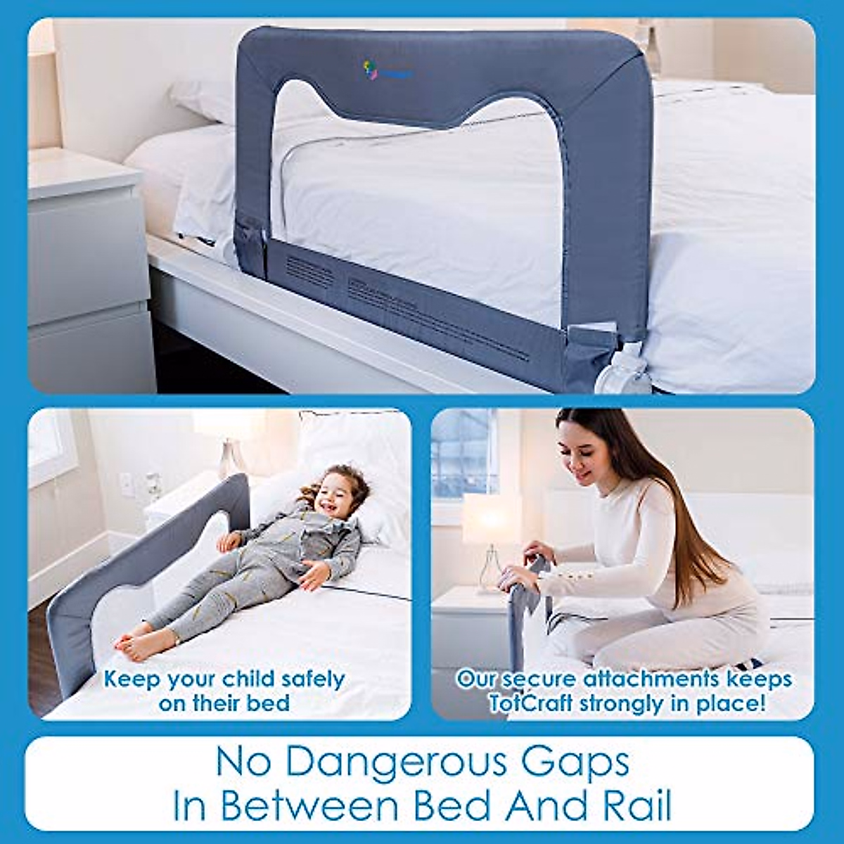 TotCraft Toddler Bed Rails Guard – Universal Baby & Children Bed Rail for Box Spring &slats – Kids Bed Rail for Toddlers for Cribs, Twin, Double, Full Size Queen & King Bed - Grey (35.5L19.5H) in