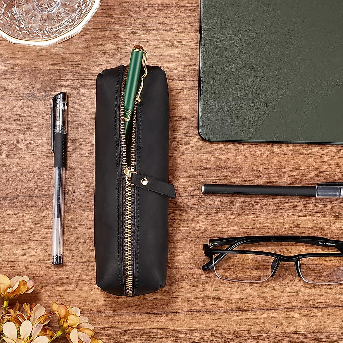GORGECRAFT Leather Pencil Case Crazy Horse Large Capacity Genuine Leather Pencil Pouch Rectangular Portable Zippered Pen Cases with Zipper for Men and Women Office Supplies Pen Case, Black