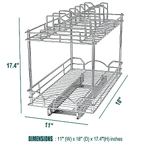 OCG 2 Tier Pull Out Cabinet Organizer for Lid Cookware (11" W x 18" D), Slide Out Kitchen Cabinet Shelves, 2 in 1, Chrome Finish
