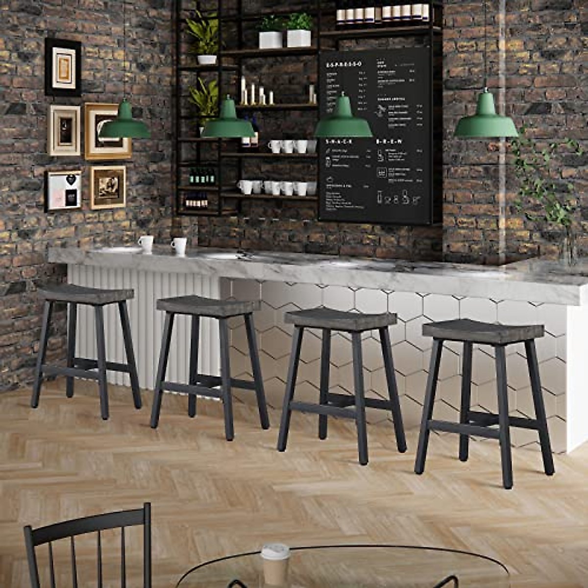 OUllUO Black Gray Bar Stools Set of 2, Backless Saddle Barstools, 25" Counter Height Bar Stools, Gray Solid Wood Counter Stools with Metal Frame for Kitchen Island, 521P-BGWD