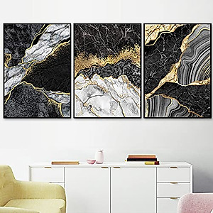 Abstract Black Gold Marble Texture Wall Art Painting Abstract Gold Wall Art Modern Posters Prints Abstract Marble Wall Art for Living Room Decor Abstract Wall Art Black and Gold Picture Unframed (12x16inch Unframed)