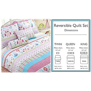 Cozy Line Home Fashions Happy Owl Pink Reversible Quilt Bedding Set, Coverlet, Bedspreads for Girls (Happy Owl, Queen -3 Piece)