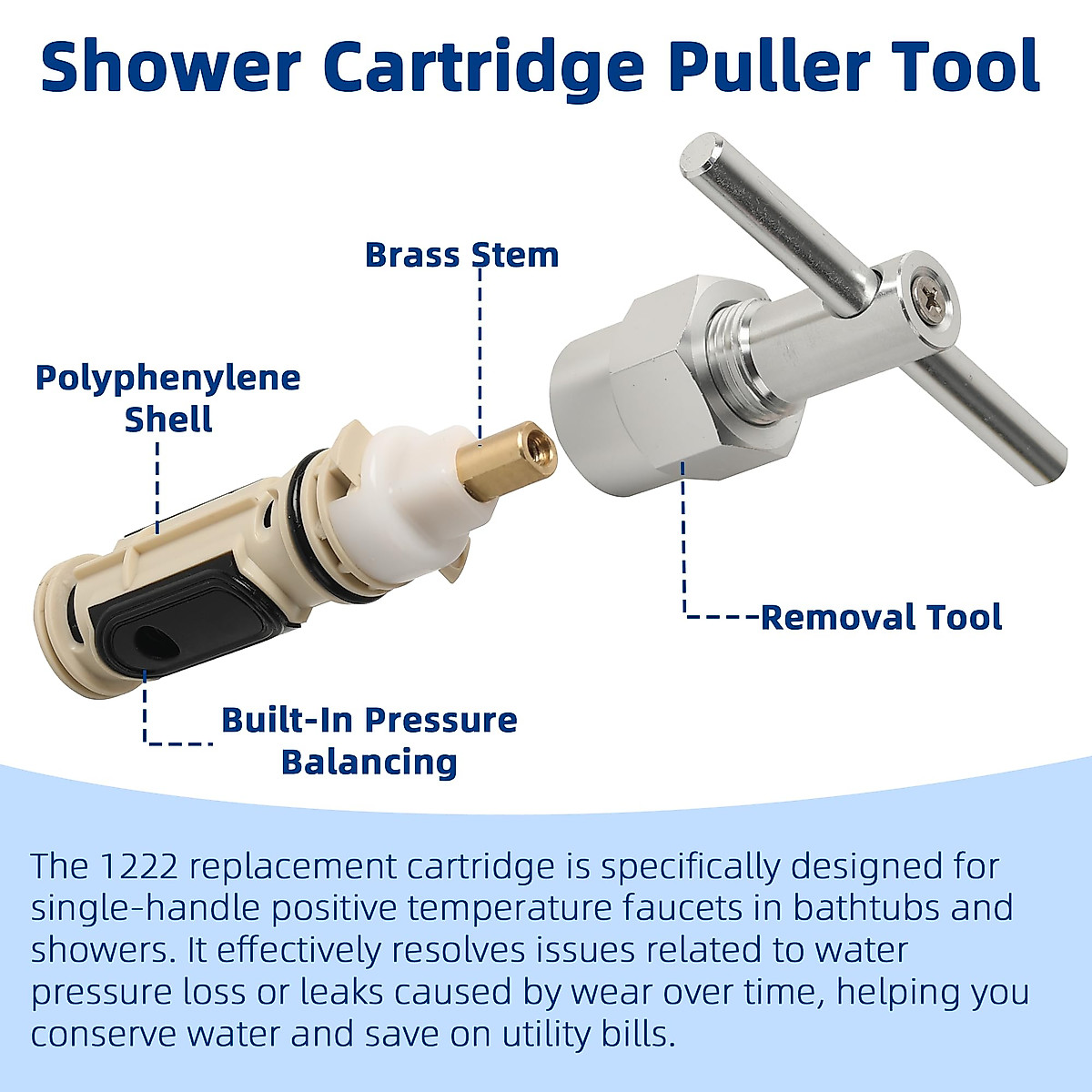 Calvana Bathroom Shower Valve Kit, Cartridge Removal Tool, Compatible with Moen 1222 One-Handle Posi Temp Faucets, Durable Brass & Plastic, Included Cartridge Puller Tool, Retainer Clip, Silicone Oil
