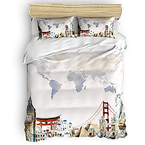 Duvet Cover Set, 4 Pieces Ultra Soft Breathable Zipper Closure Bedding Set,Travel Theme World Map Statue of Liberty, Pyramid, Golden Gate Bridge, Japan Miyajima, London Big Ben Queen, 90 by 92 inch