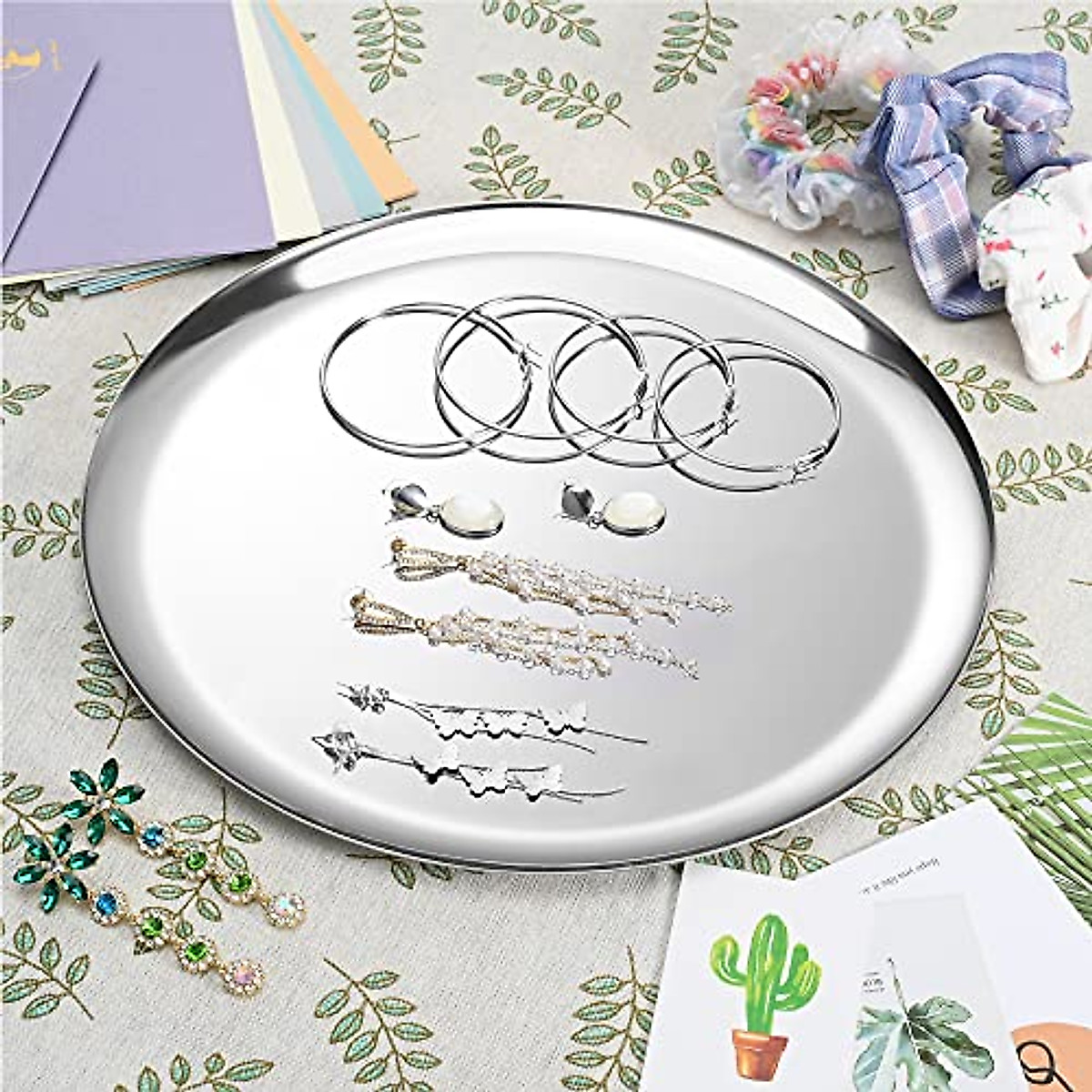 11.02inch/280 mm Silver Stainless Steel Tray,Round Jewelry Tray,Cosmetic Storage Tray,Service Tray,Decorative Tray,Multi-uses Storage Tray Organizer Plate