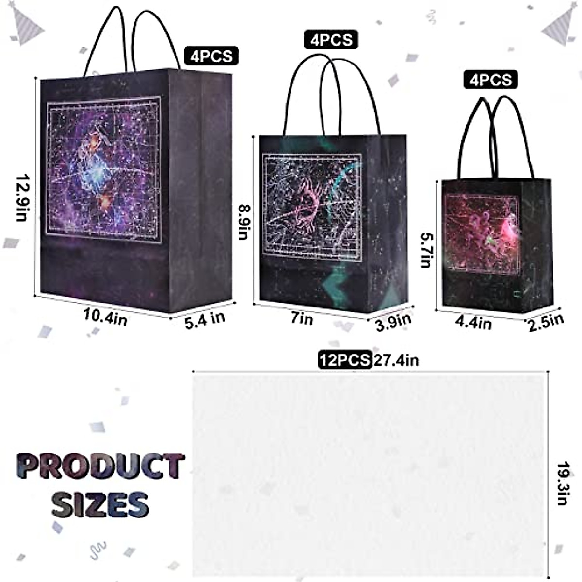 Obami Glow in the Dark Gift Bag with Creative Luminous Constellation Design, 24 pcs include 12 Paper Kraft Bags of 3 Different Sizes & 12 Wrapping Papers